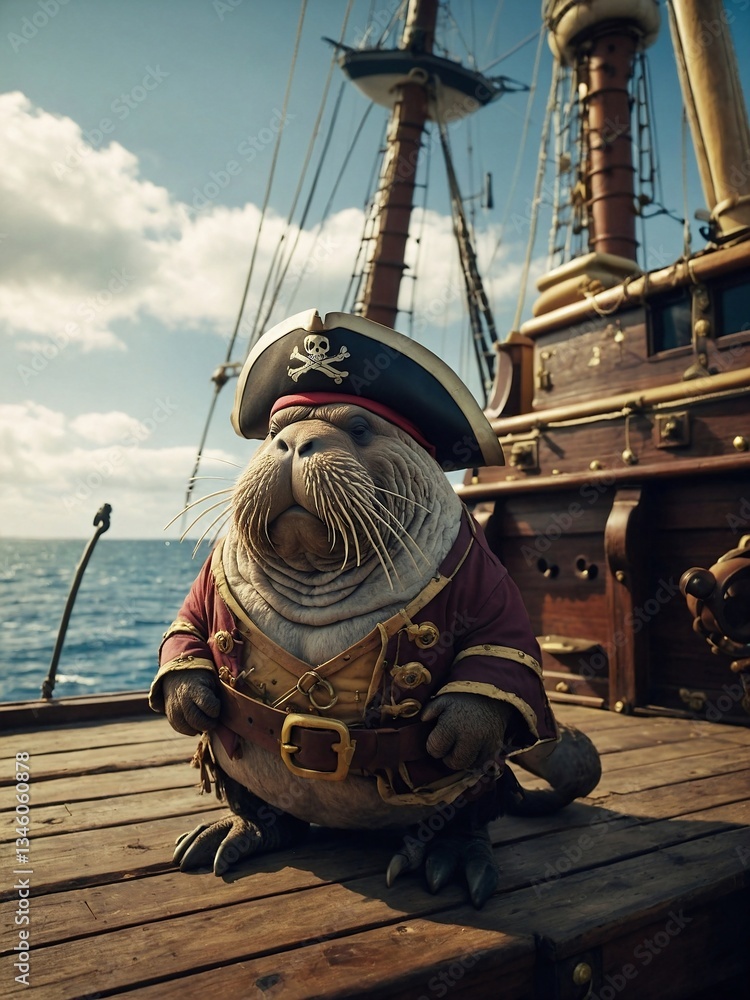 Cartoon pirate walrus character guarding ships and loot Stock Photo ...
