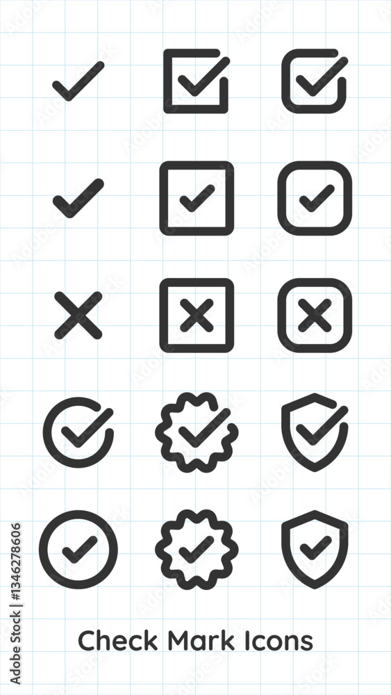 Set of check mark icons in various styles. Includes check marks, checkboxes, and shields. Simple ...