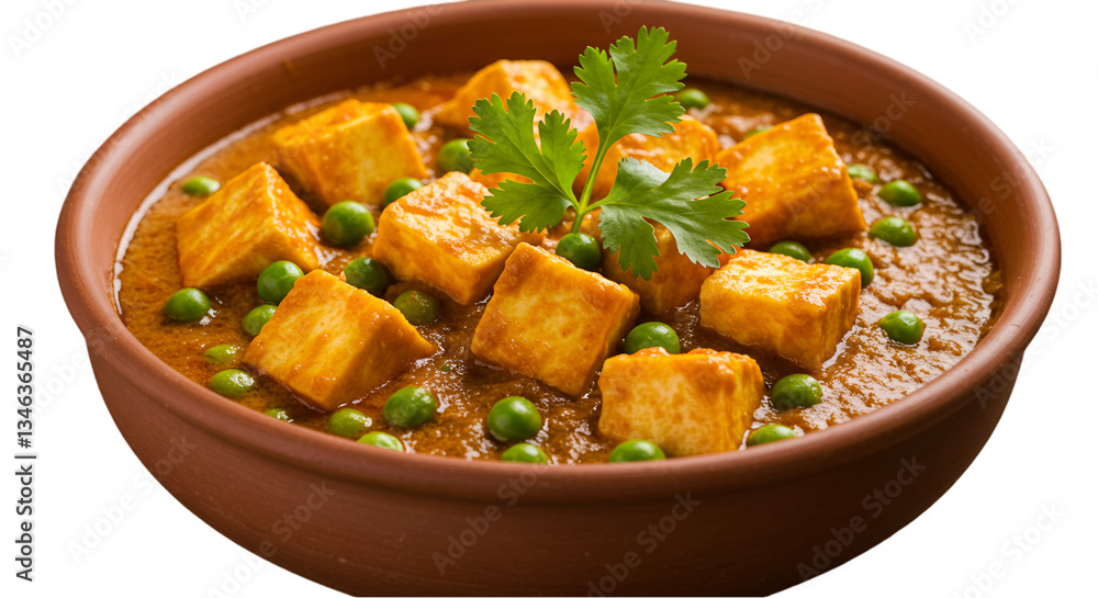 A flavorful bowl of matar paneer featuring golden paneer cubes and ...