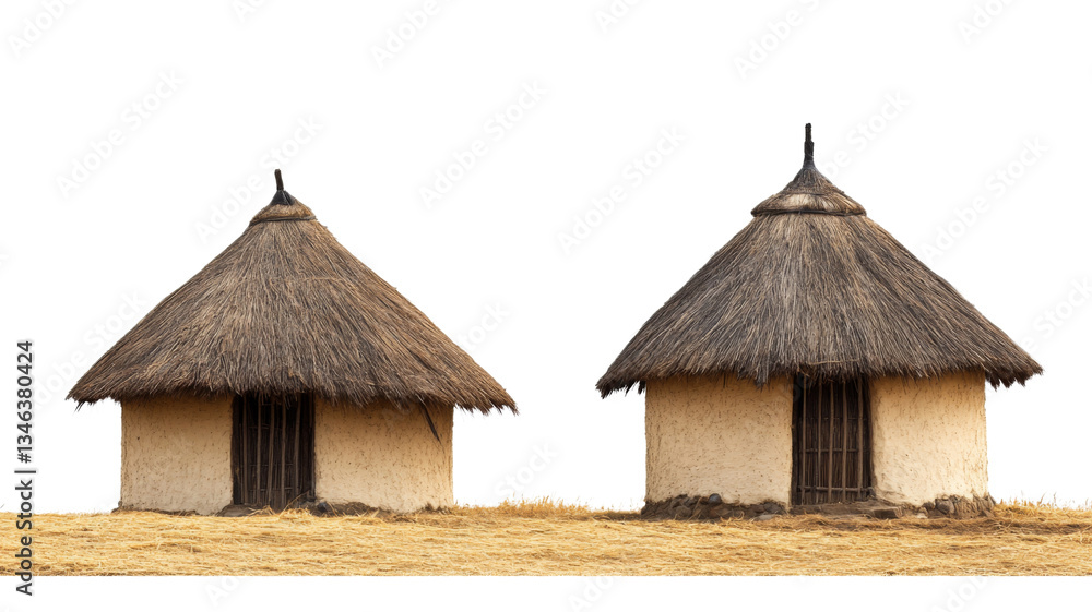 Two traditional african mud huts with thatched roofs on transparent ...