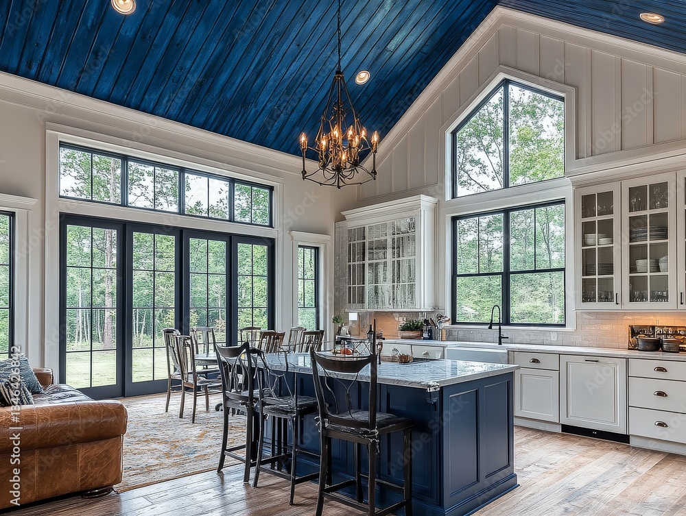 Open-concept kitchen with dark blue chevron ceiling, white shiplap ...