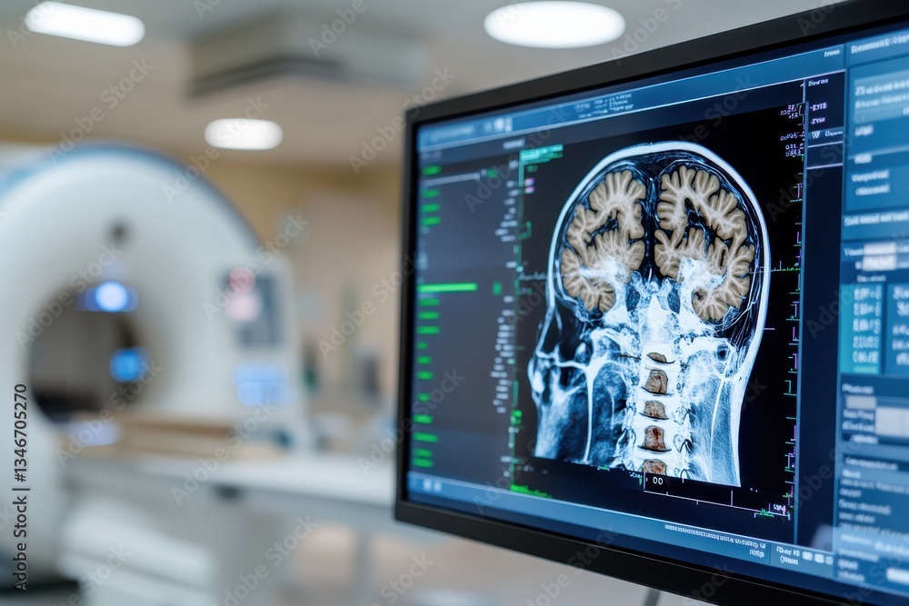 This image depicts a coronal view MRI scan of the brain showcased on a ...