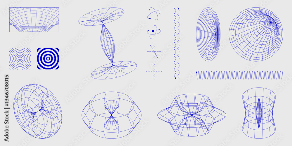 Blue wireframe geometric structures, atomic orbits, waveforms and ...