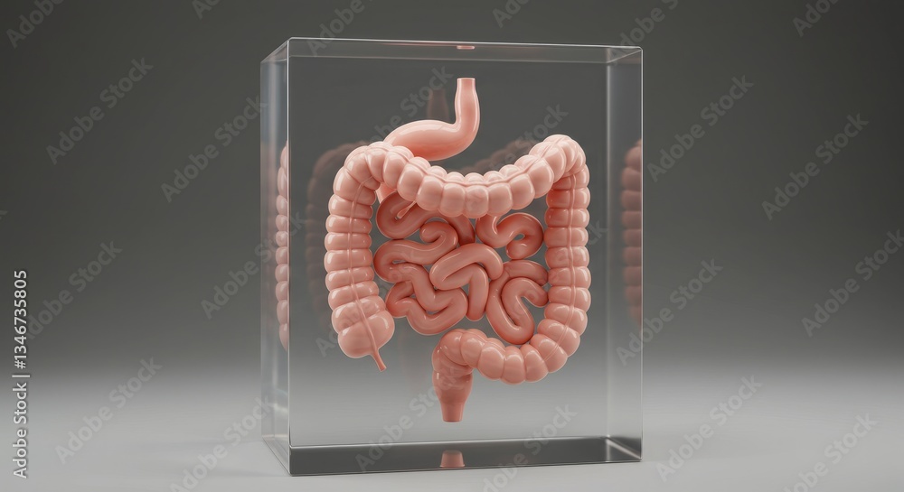 Pink Human Digestive System 3D Model In Transparent Box Stock ...