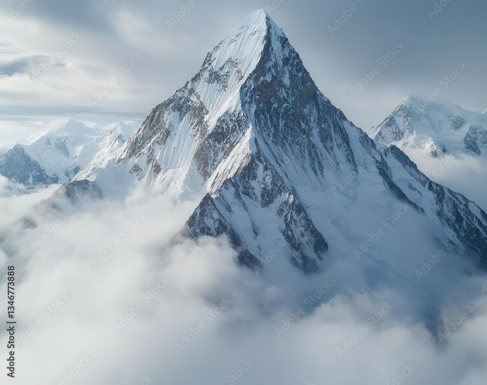 Aerial footage of the K2 mountain, covered in thick clouds, captured by ...