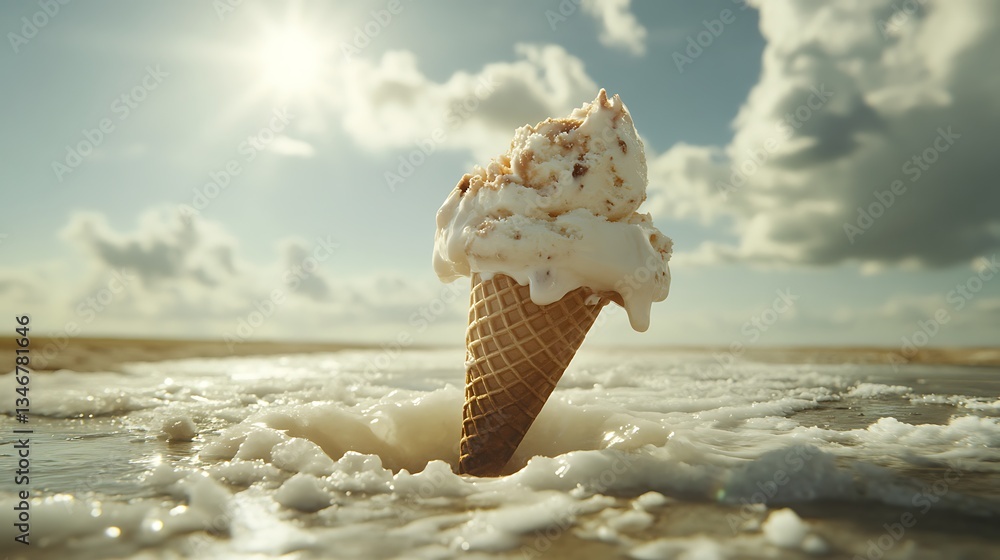 Ice cream cone flying with fluffy cloud on the top of cone in the sky ...