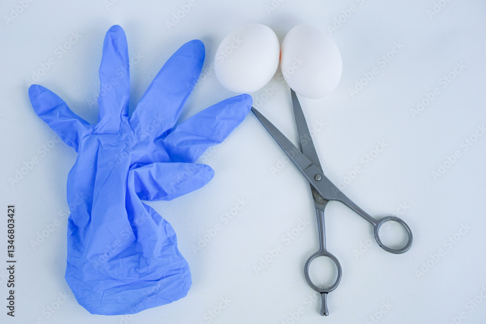 Scissors and testicles on white background, castration concept ...