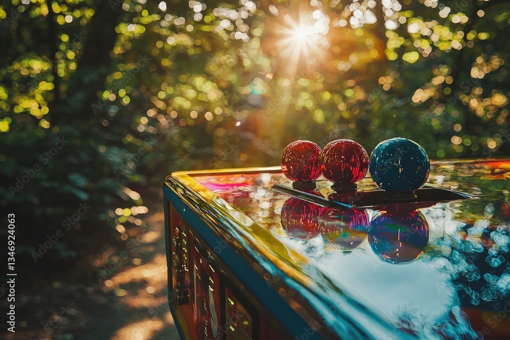 Three glass balls rest on a vintage arcade game cabinet in a sun ...