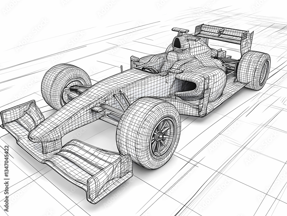 Speed Machine Blueprint: A detailed wireframe illustration of a Formula ...