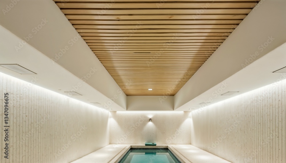 Ceiling design for a spa retreat featuring wooden slats and soft ...