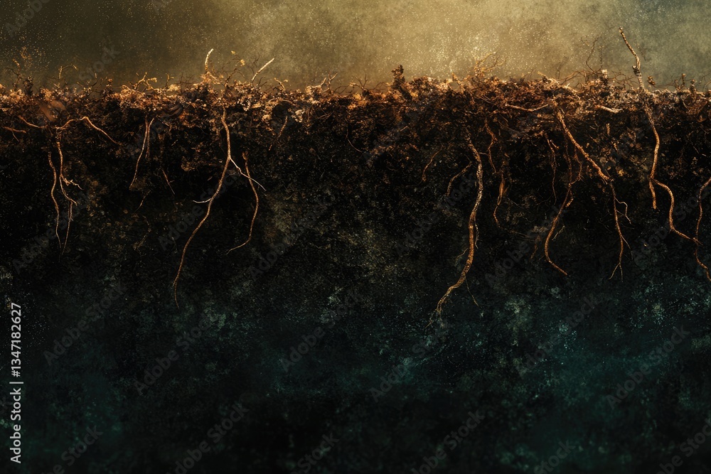 Dark, mysterious image showcasing a cross-section of soil with intricate root systems. Stock ...