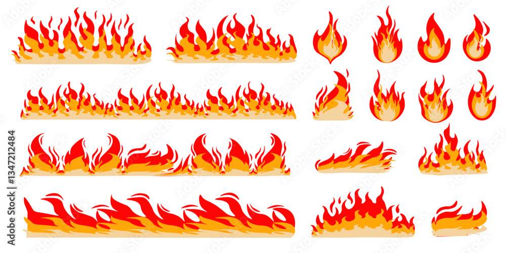 Cartoon fire. Flame of infernal fireballs, red and yellow campfire, hot ...