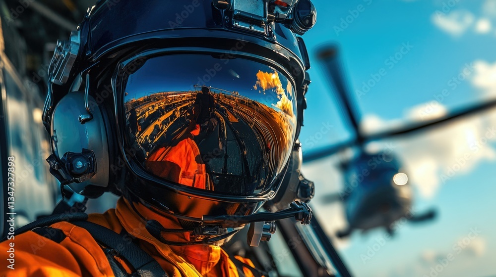 Military Helicopter Pilot's Helmet Reflection During Rescue Operation ...