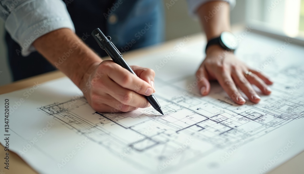 Pro drafter working on architectural blueprints. Architect draws building plan with pen ...