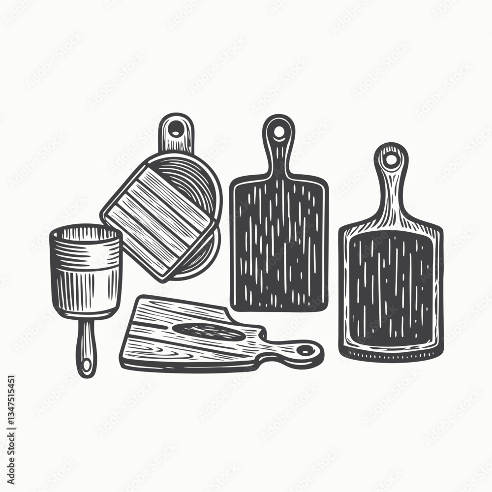 Hand drawn cutting wooden boards Black silhouette set. kitchen utensils ...
