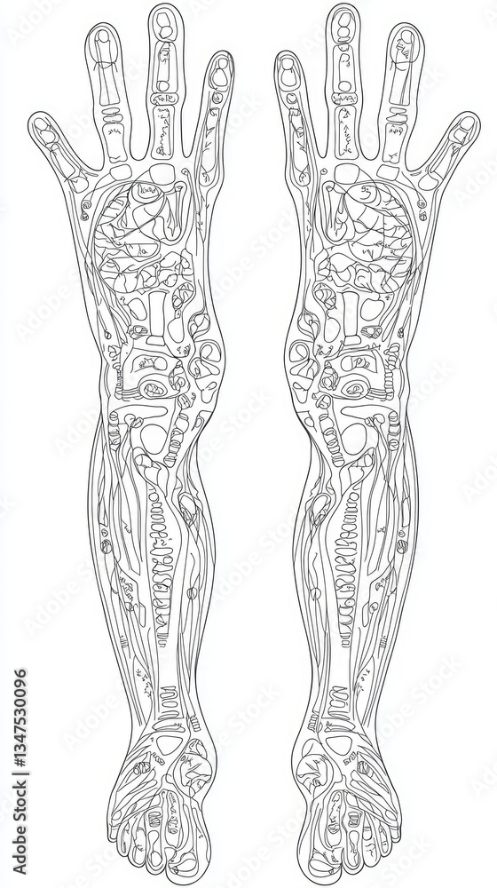 Human body anatomy diagram showcasing muscle and tendon structure for ...