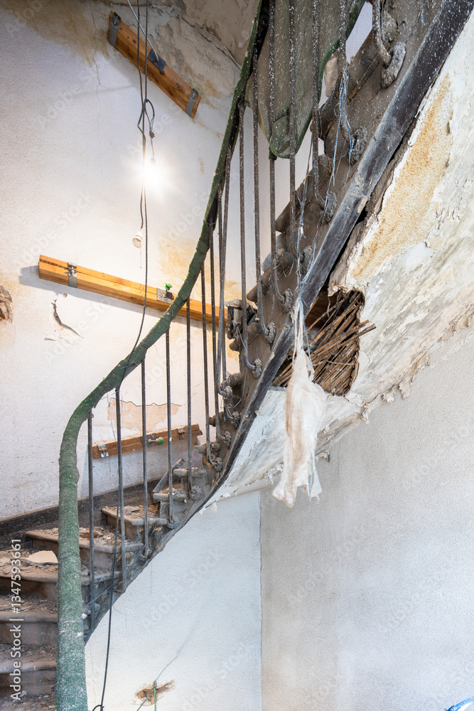 Renovation Progress on Damaged Staircase in Old Building Stock Photo ...