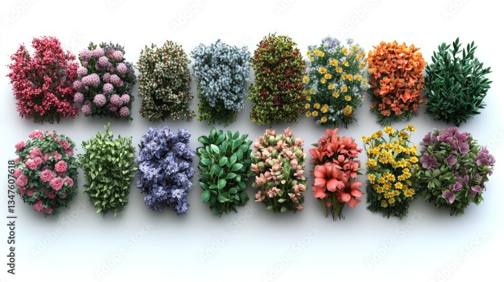 3d model of different types of flowers and shrubs, white background ...