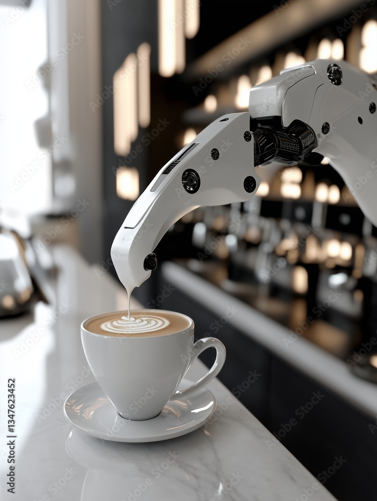 Robotic arm serving coffee in a futuristic café. AI and automation in ...