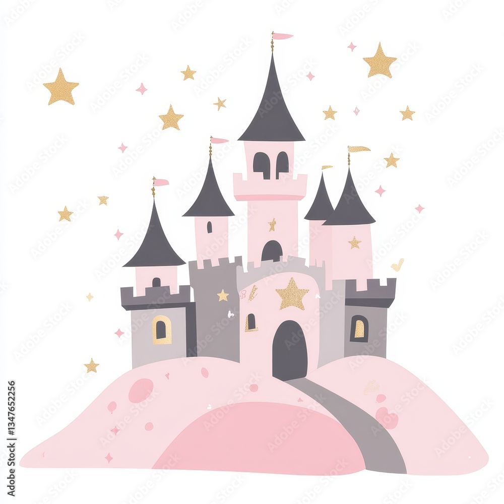 Adorable fairy tale princess castle, baby print, presented as a simple ...