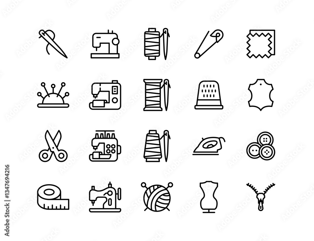 Sewing Vector Icon Set | Adjustable Line Weight | Needle, thread, scissors, fabric, sewing ...