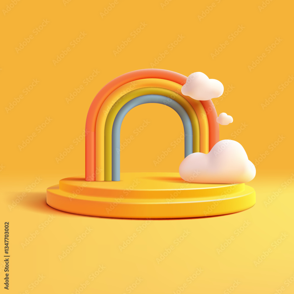 Empty yellow podium, rainbow, clouds, 3D. Fun summer illustration for ...
