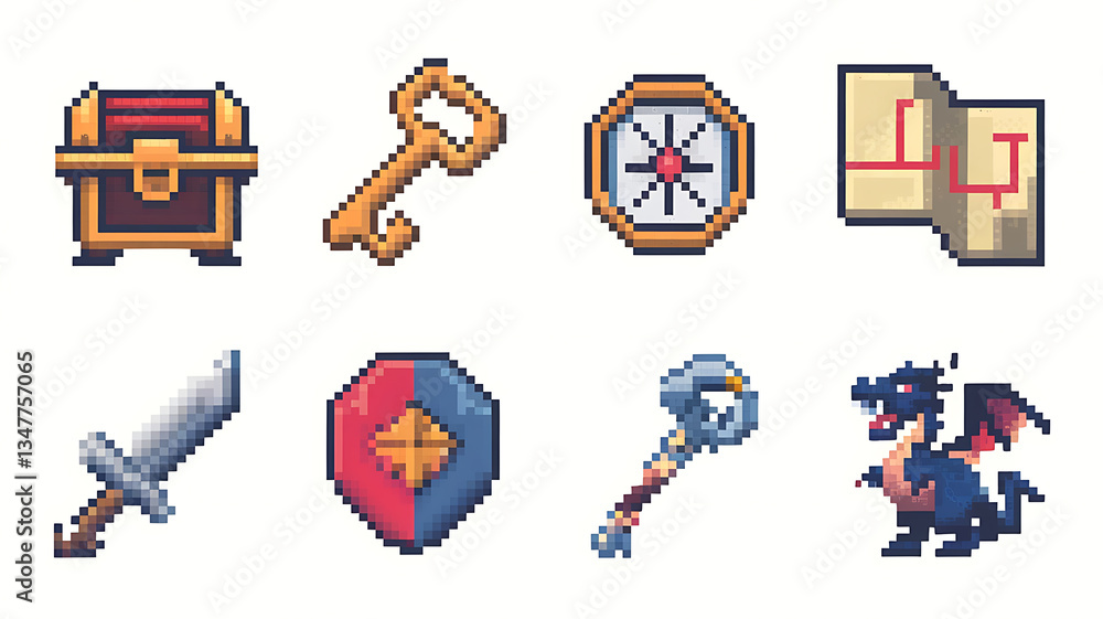 Pixel art game assets: chest key compass map sword shield mace dragon ...