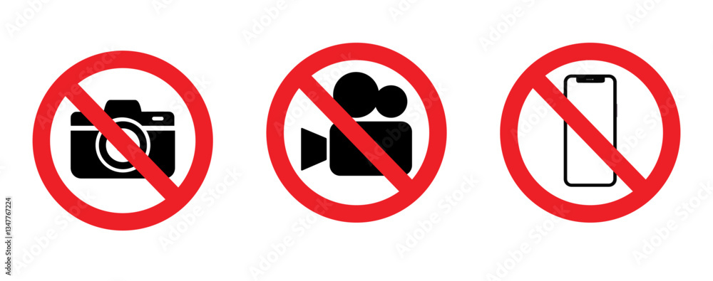 Prohibited symbol sign set , no photography, no video, do not use the ...