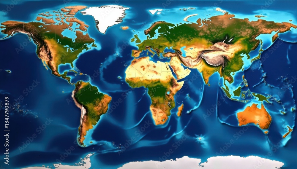 Colorful globe map with satellite imagery and geographical features ...