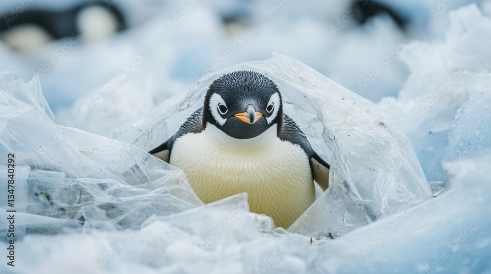 Penguin trapped in plastic bag. Human activities impact and threaten ...