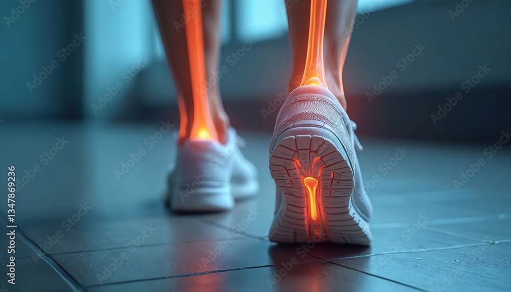 Woman leg pain concept illustration. Foot bone highlighted in red ...