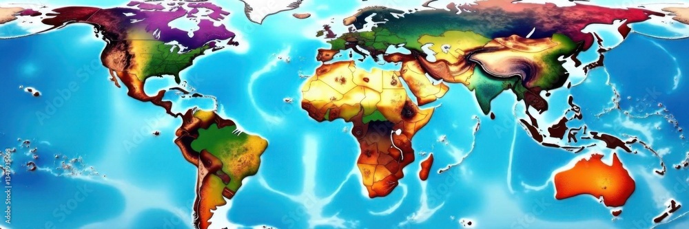 Colored continents map with various landforms, color-coded map, rivers ...