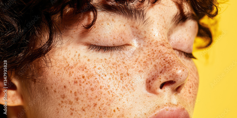 Sad face of woman with pigment spots on her facial skin on colored ...