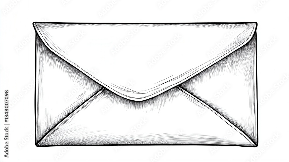 A detailed line drawing of a closed envelope, rendered in grayscale ...