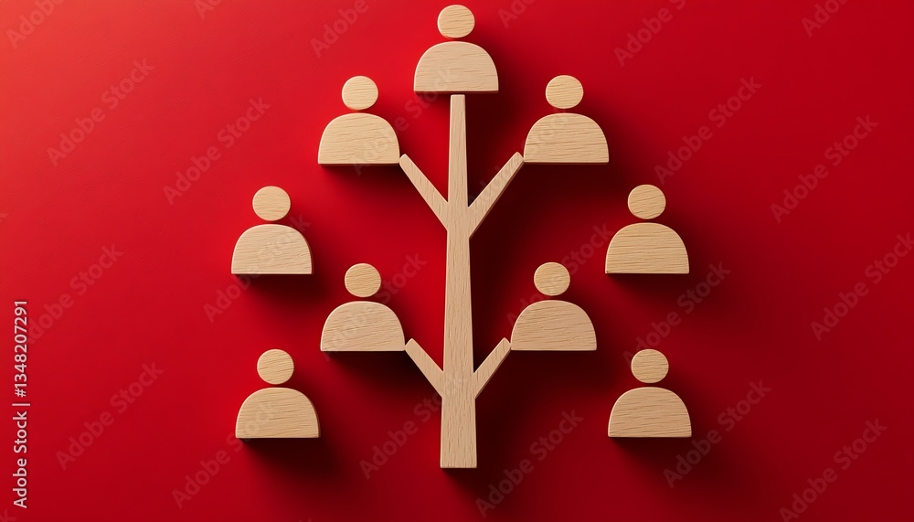 Wooden hierarchy labels on a red backdrop, with a clear tree diagram ...