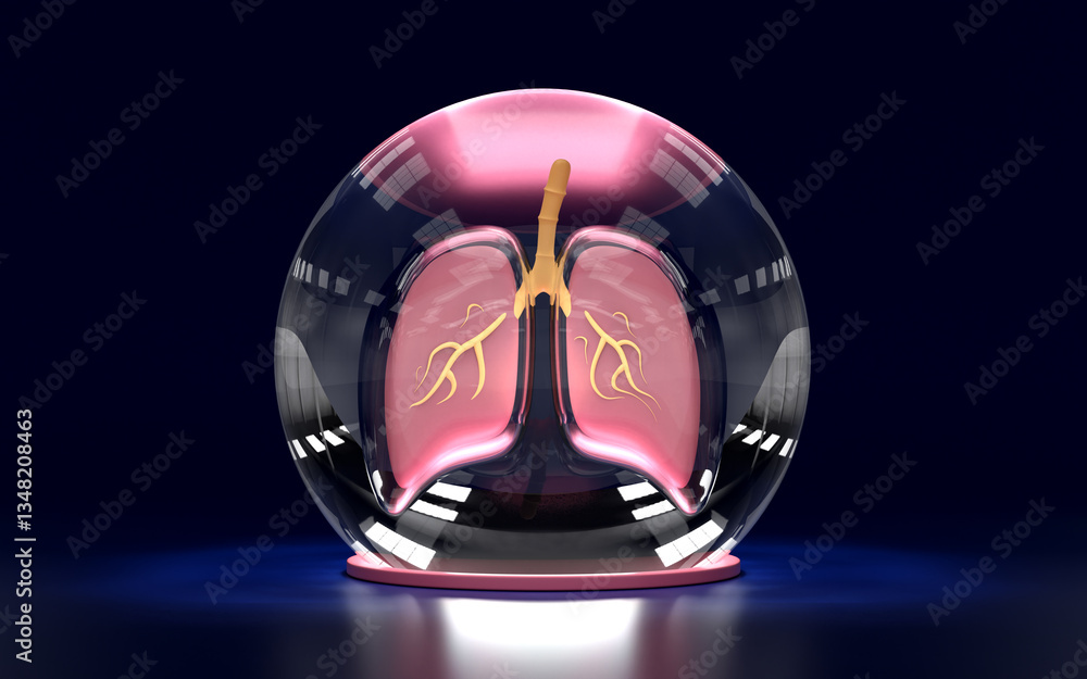 3d realistic human lung in glass dome isolated on black background ...