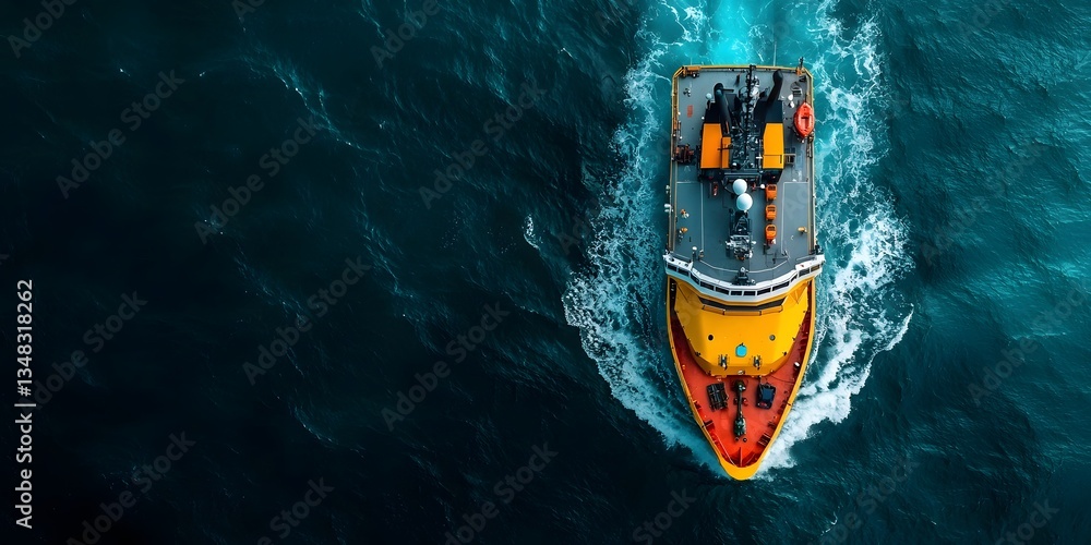 Aerial perspective of an offshore seismic research vessel equipped with ...