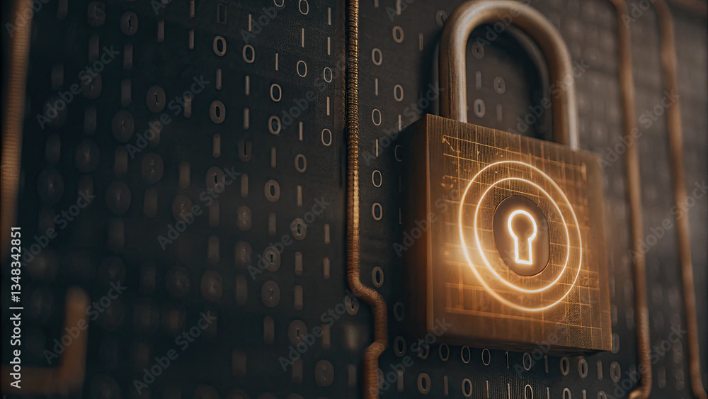 Glowing digital lock symbolizing AI copyright protection with binary ...