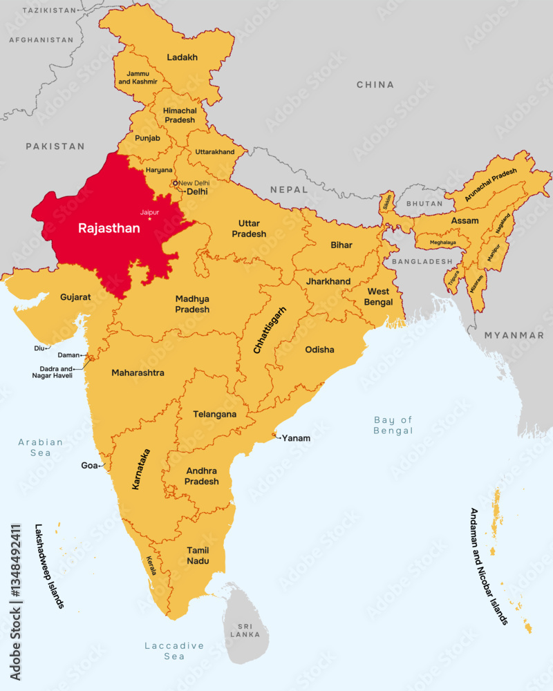 Rajasthan state map, India. Editable Vector map silhouette illustration ...