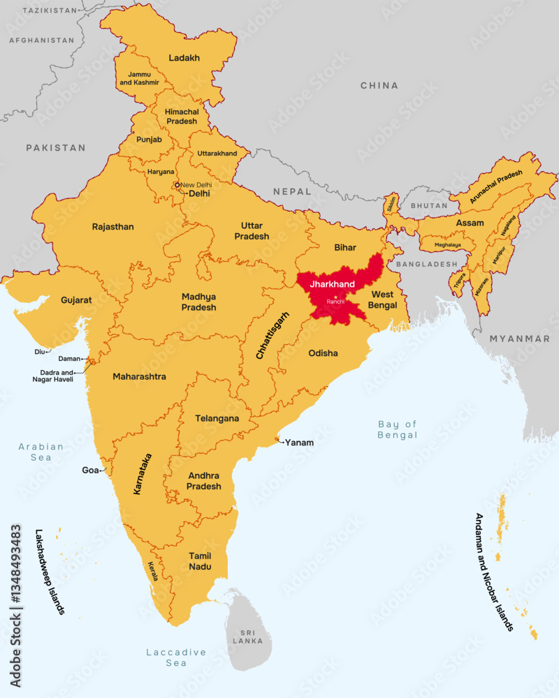 Jharkhand state map, India. Editable Vector map silhouette illustration ...
