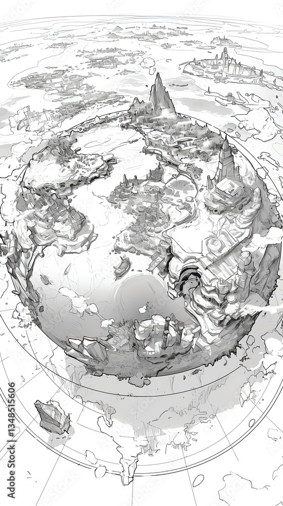 Pencil sketch of a fantasy world map with nine uniquely connected ...