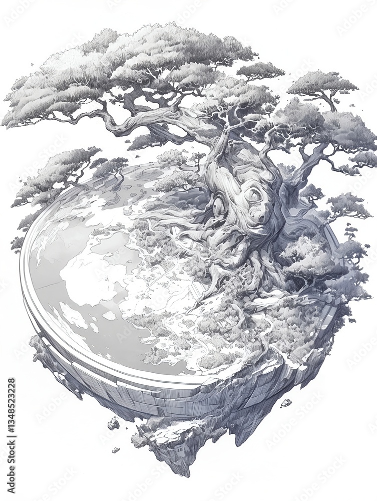 Pencil sketch of a fantasy world map with nine uniquely connected ...
