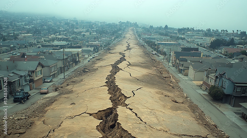 Cracked earth's crust under a California cityscape with visible fault ...