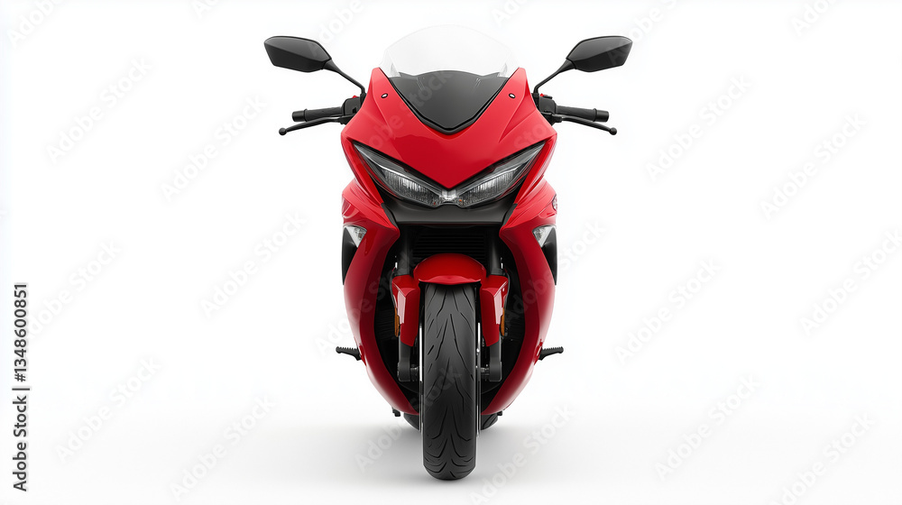 Front view of a red motorcycle, isolated on a clean white background ...