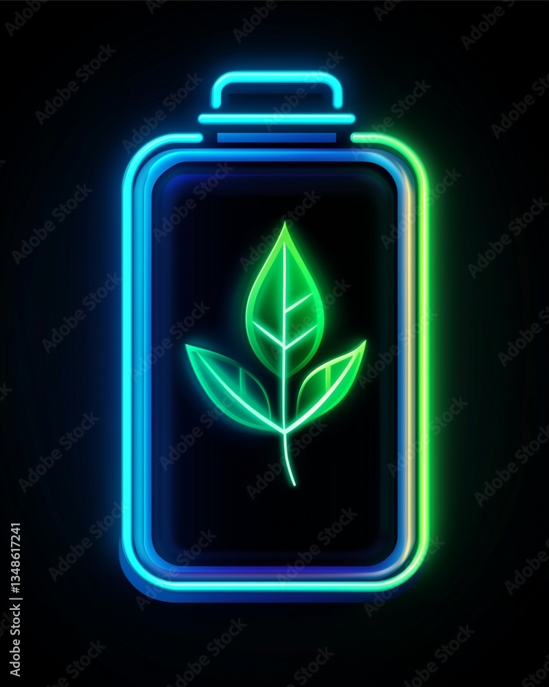 Eco-Friendly Energy: A stylized battery icon glows with neon lights ...