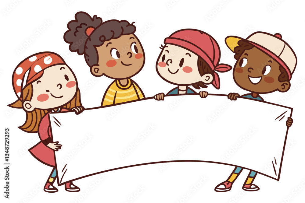 22 Cartoon children holding blank banner, diverse group, colorful ...