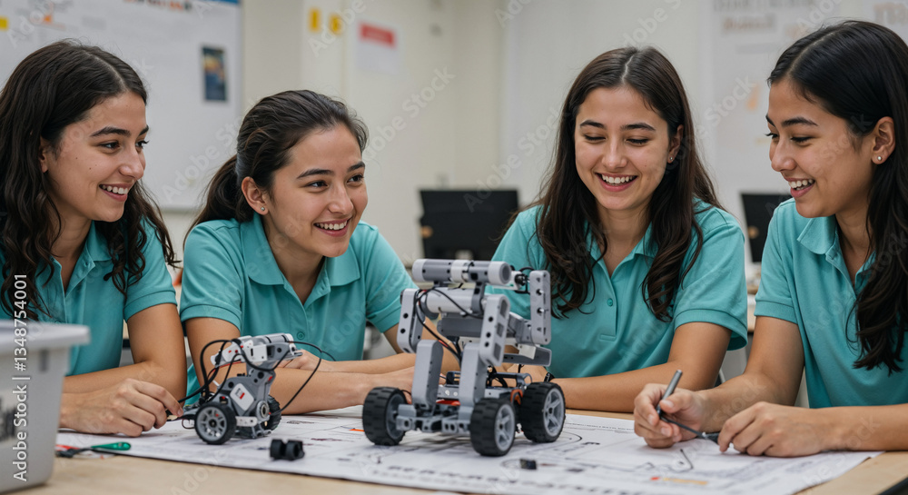 Students participating in robotics class, Hispanic female teenagers ...