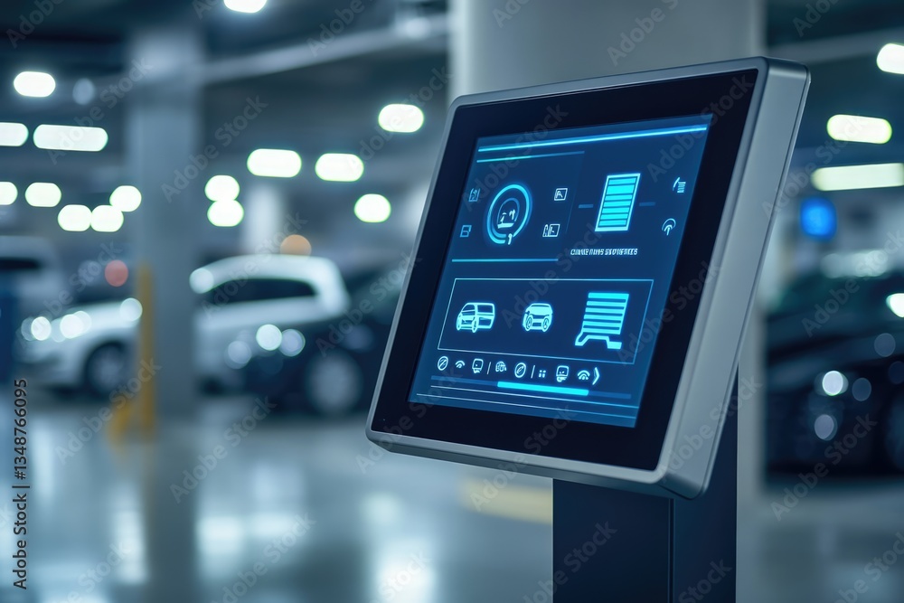 Smart parking system kiosk with touchscreen interface showing various ...