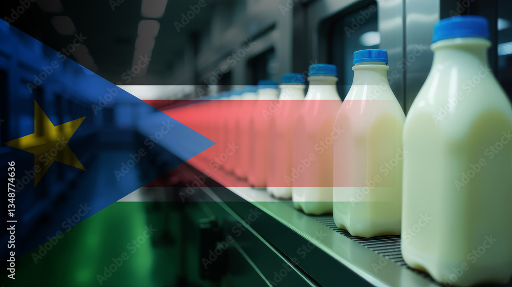 Milk production in the South Sudan. A conveyor with bottles of milk ...