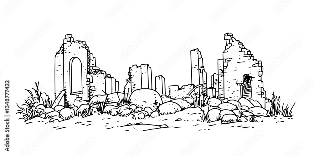 destroyed building ruins black and white outline, transparent ...
